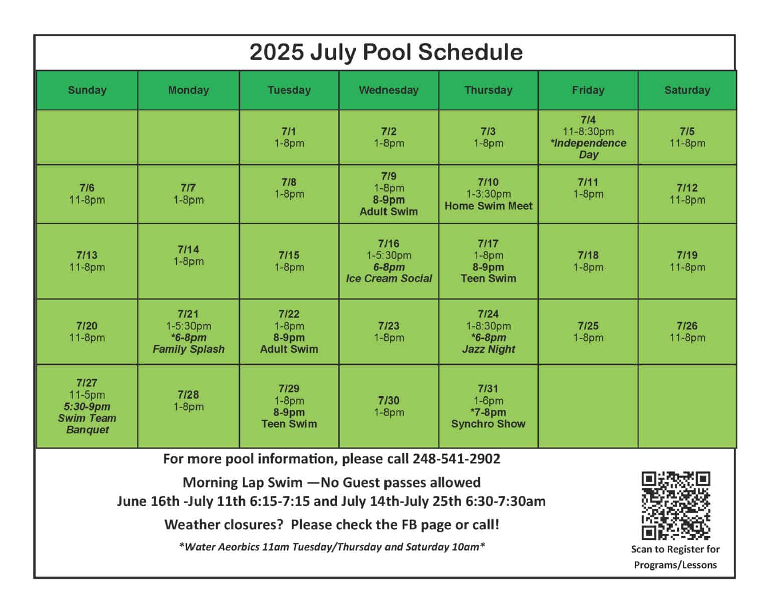 July Pool Schedule - City of Pleasant Ridge Michigan